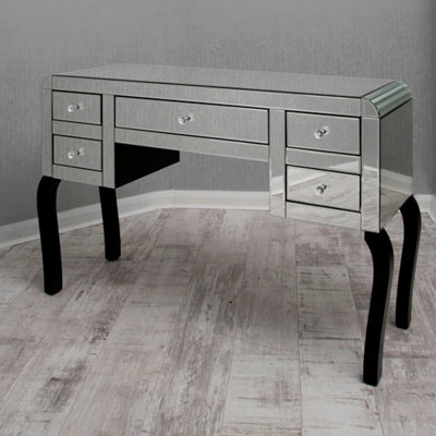 MiHOMEUK Cadby Silver Mirrored Dressing Table with 5 Drawers & Wood Legs