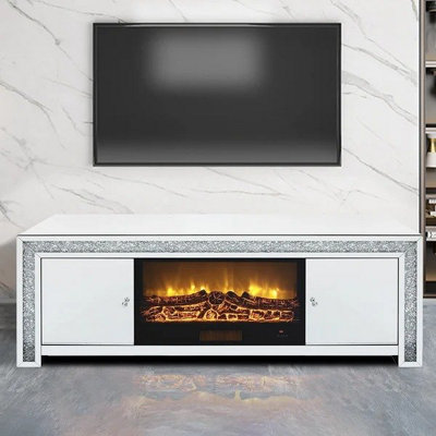 MiHOMEUK Silver Mirrored Diamond Crush TV Unit with Electrical Built-in ...