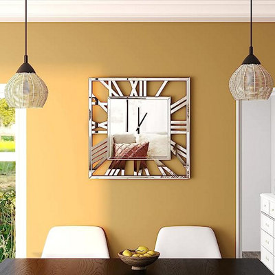 MiHOMEUK Square Roman Numeral Silver Mirrored Wall Clock with Attached ...