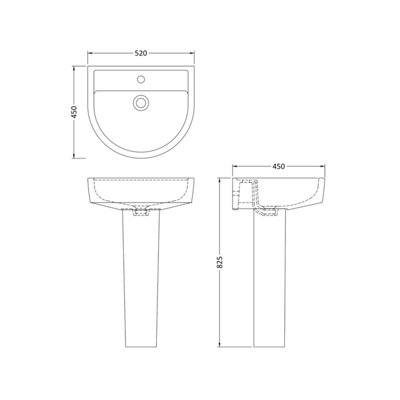Mila Ceramic D Shape Basin & Full Pedestal (Tap Not Included), 520mm ...