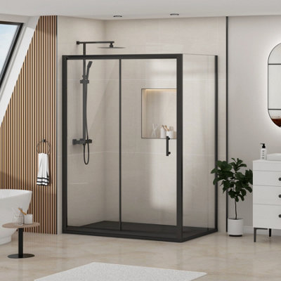 Milan 1400 x 900mm Matt Black Sliding Door Shower Enclosure with Black ...
