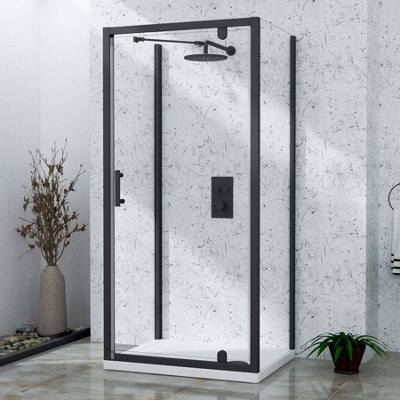 Milan 700 x 700mm Matt Black Square Pivot Door 3-Sided Shower Enclosure ...
