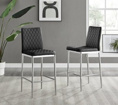 Milan Black Diamond-Stiched Faux Leather Silver Leg Padded Bar Stools ...