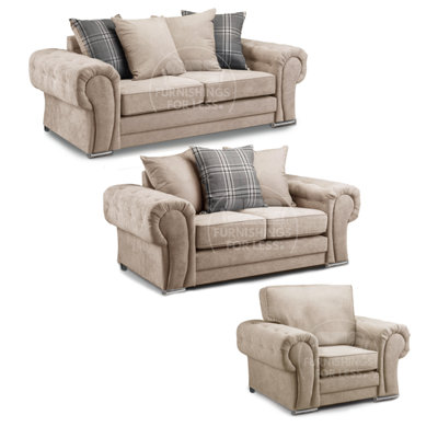 Milan Fabric 3 Piece Sofa Suite Mink Scatter Back Chesterfield Style