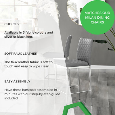 Milan Grey Diamond-Stiched Faux Leather Silver Leg Padded Bar Stools ...