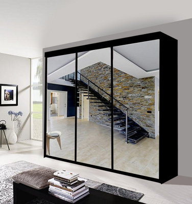 Milan Sliding Mirror Door Wardrobe With Hanging Rails & Shelves ( Black ...
