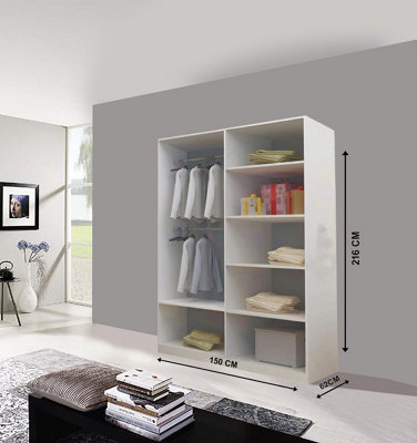 Milan Sliding Mirror Door Wardrobe With Hanging Rails & Shelves ( White ...