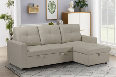 Milano 3 Seater L Shape Pullout Sofa Bed with Deep Storage Compartment & Reversible Chaise - Beige