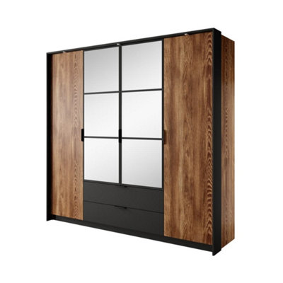 Milton Contemporary 4 Mirrored Hinged Door Wardrobe 9 Shelves 2 Drawers ...