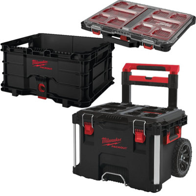 Milwaukee PACKOUT 3 Piece Set Slim Organiser Crate Wheeled Trolley 4932493927