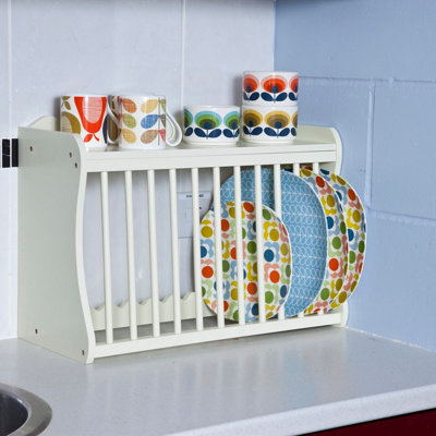 Minack Buttermilk Cream Wooden Kitchen Plate Rack Shelf Hooks Wall mounted
