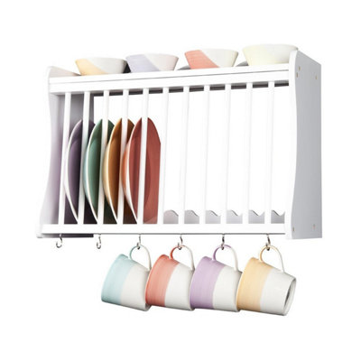 Minack White Wooden Kitchen Plate Rack, Shelf, Hooks, Wall mounted ...