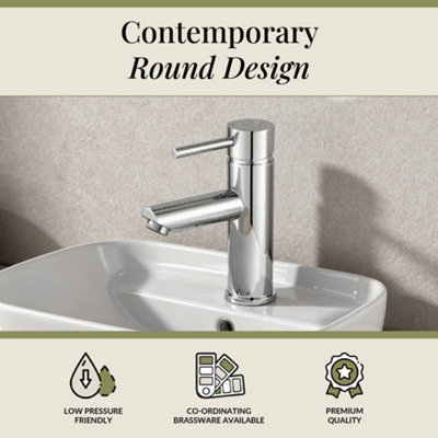 Minimalist Round Mono Basin Mixer Tap & Push Button Waste - Chrome