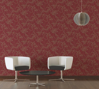 Mio Tokyo Metropolitan Stories Red Tree Metallic Gold Print Vinyl Wallpaper