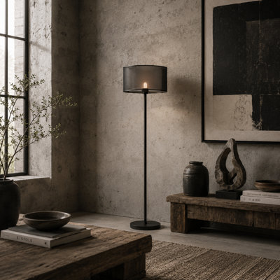 Mira Black Metal and Fabric Floor Lamp with Double Layer Shade and Foot ...
