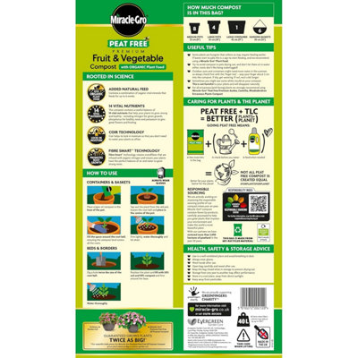 Miracle-Gro Organic Fruit & Veg Peat Free Compost 40L for Healthy ...