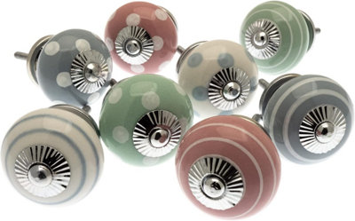 Mixed Set of Pink, Mint Green & Grey Ceramic Cupboard Knobs / door knobs / drawer knobs x Pack 8 ...