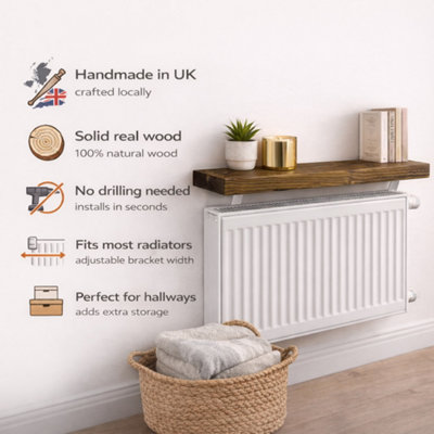 MKGT Solid Wood Radiator Shelf, No Drill with Brackets, Handmade in UK ...