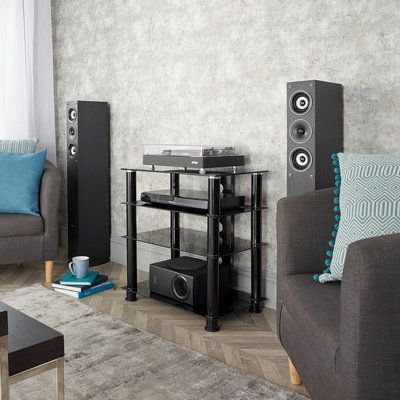 MMT 4 Shelf Hi-Fi Stand Black Glass AV Rack 650mm Tall