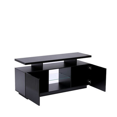 MMT Black TV Stand 130cm with Fluted Doors Cupboards Open Storage Soundbar Shelf for TVs Up