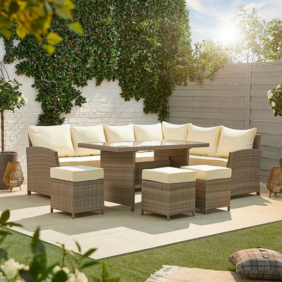 MMT Rattan Garden Furniture L Shaped Dining Corner Set 8 Seater Fully Assembled Aluminium Frame 2.5