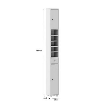 MMT Slim Bathroom Storage Cabinet 180cm Tall White Cupboard 20cm Wide