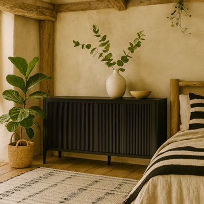 Modena Large Black Ribbed Wood Sideboard with Shelving