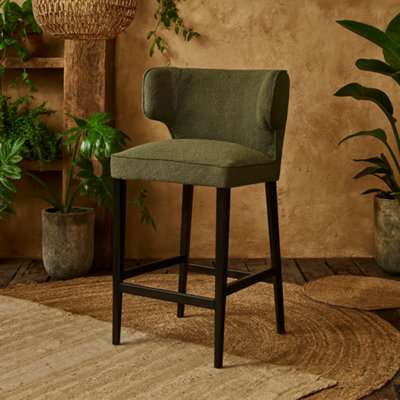 Modena Modern Green Upholstered Bar Stool with Wooden Legs