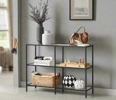 Modern 3-Tier Console Table with Tempered Glass Shelves & Black Steel ...