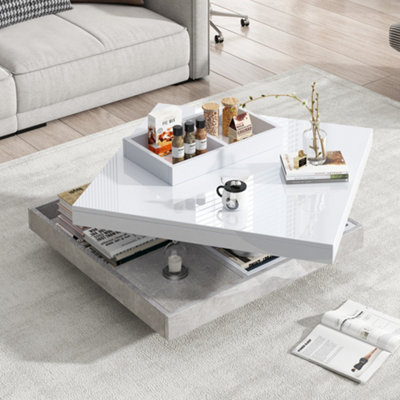 Modern 360-degree Rotating Coffee Table with High-Gloss White & Marble ...