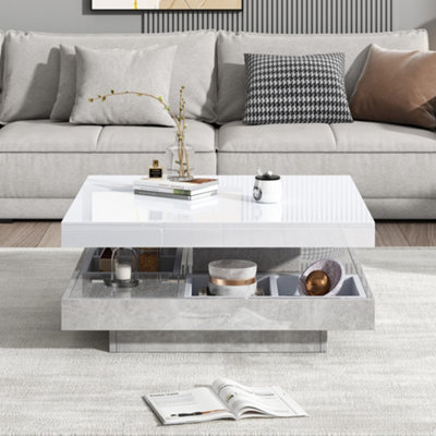 Modern 360-degree Rotating Coffee Table with High-Gloss White & Marble ...