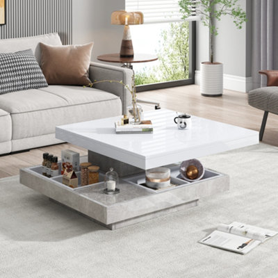 Modern 360-degree Rotating Coffee Table with High-Gloss White & Marble ...