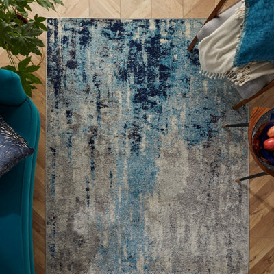 Modern Abstract Graphics Easy to Clean Blue Grey Abstract Rug for ...