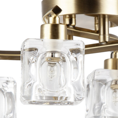 Modern Antique Brass 4-Bulb Ceiling Light with Square Clear Ice Cube Shades