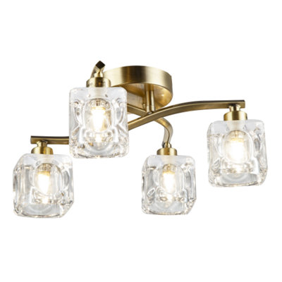 Modern Antique Brass 4-Bulb Ceiling Light with Square Clear Ice Cube Shades