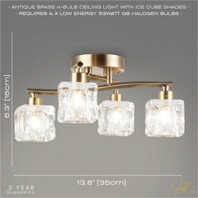 Modern Antique Brass 4-Bulb Ceiling Light with Square Clear Ice Cube Shades
