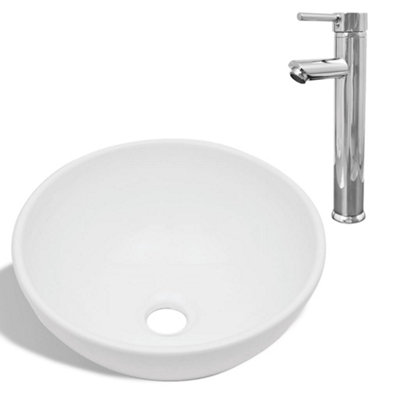Modern Bathroom Basin with Mixer Tap Ceramic Round White