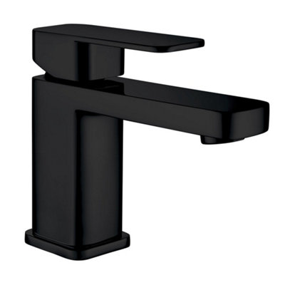 Modern Bathroom Soft Square Mono Basin Mixer Tap with Waste - Black