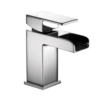 Modern Bathroom Square Waterfall Mono Basin Mixer Tap with Waste - Chrome