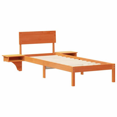 Modern Bed Frame with Bedside Tables Wax brown Solid pine wood