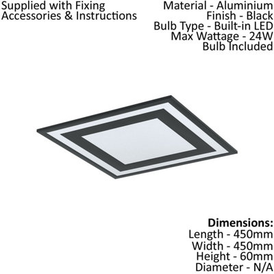 Modern Black LED Wall and Ceiling Light - 2 Pack, 450mm Square Slim ...