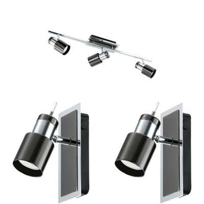 Modern Black Nickel Ceiling Spot Light with Two Matching Wall Lights