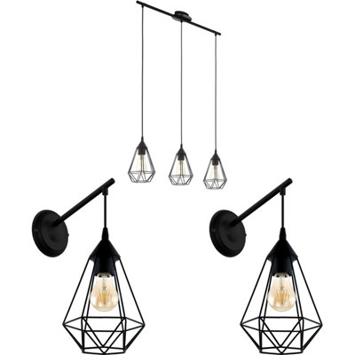 Modern Black Wire Cage Ceiling Spot Light with 2 Matching Wall Sconces