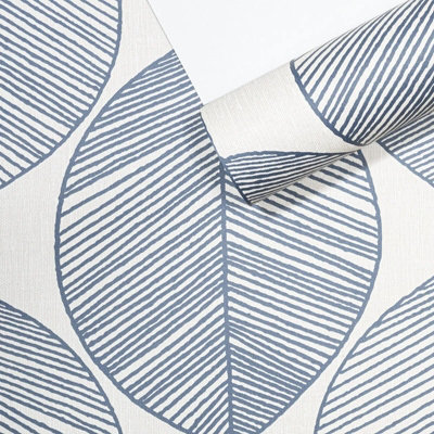 Modern Blue and Beige Leaf Wallpaper Textured Finish, Washable, Paste ...