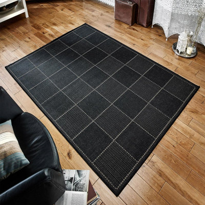 Modern Bordered Easy to Clean Chequered Flatweave Anti-Slip Black Rug ...