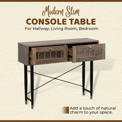 Modern Brown Slim Console Table with 2 Drawers for Storage Metal Legs ...