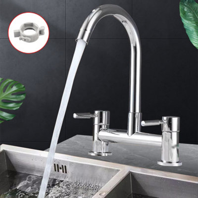 Modern Chrome Dual Lever 2 Hole Deck Mounted Kitchen Sink Mixer Tap