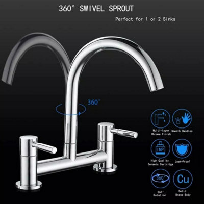 Modern Chrome Dual Lever Kitchen Sink Mixer Tap - 2 Hole Deck Mounted