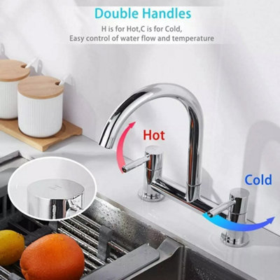 Modern Chrome Dual Lever Kitchen Sink Mixer Tap - 2 Hole Deck Mounted