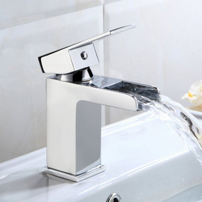 Modern Chrome Waterfall Basin Mixer Tap with Waste - Solid Brass, Deck ...